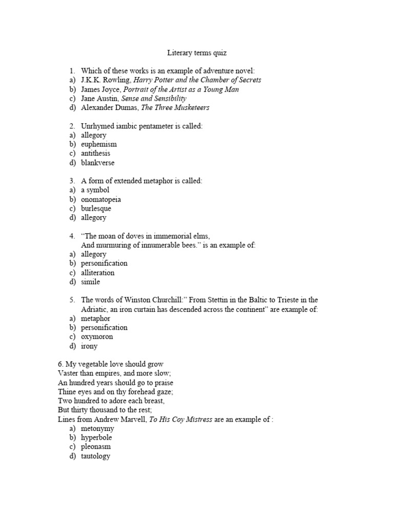 MY Literary Terms Quiz | PDF | Poetry | General Fiction