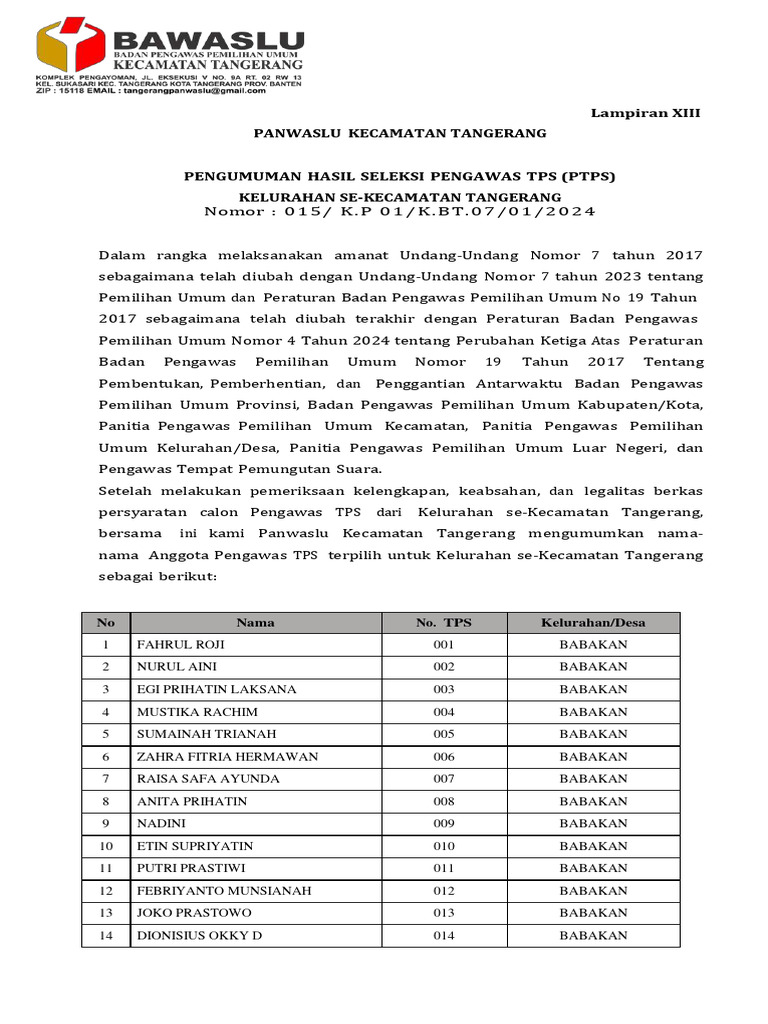 Pengumuman Hasil Seleksi PTPS Tangerang | PDF