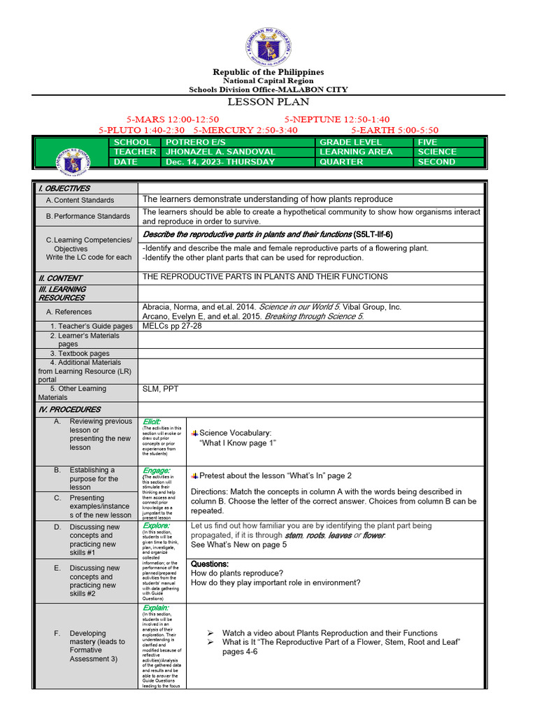 Q2 SCI5-LP-WEEK 4 - Reproductive in Plants | PDF | Flowers | Learning