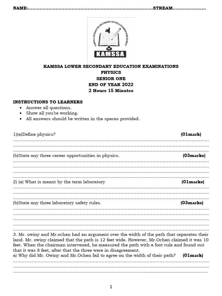 Kamssa Lower Secondary Education Examinations 2022 Physics S.1 | PDF ... Kamssa Lower Secondary Education Examinations 2022 Physics S.1 | PDF ...