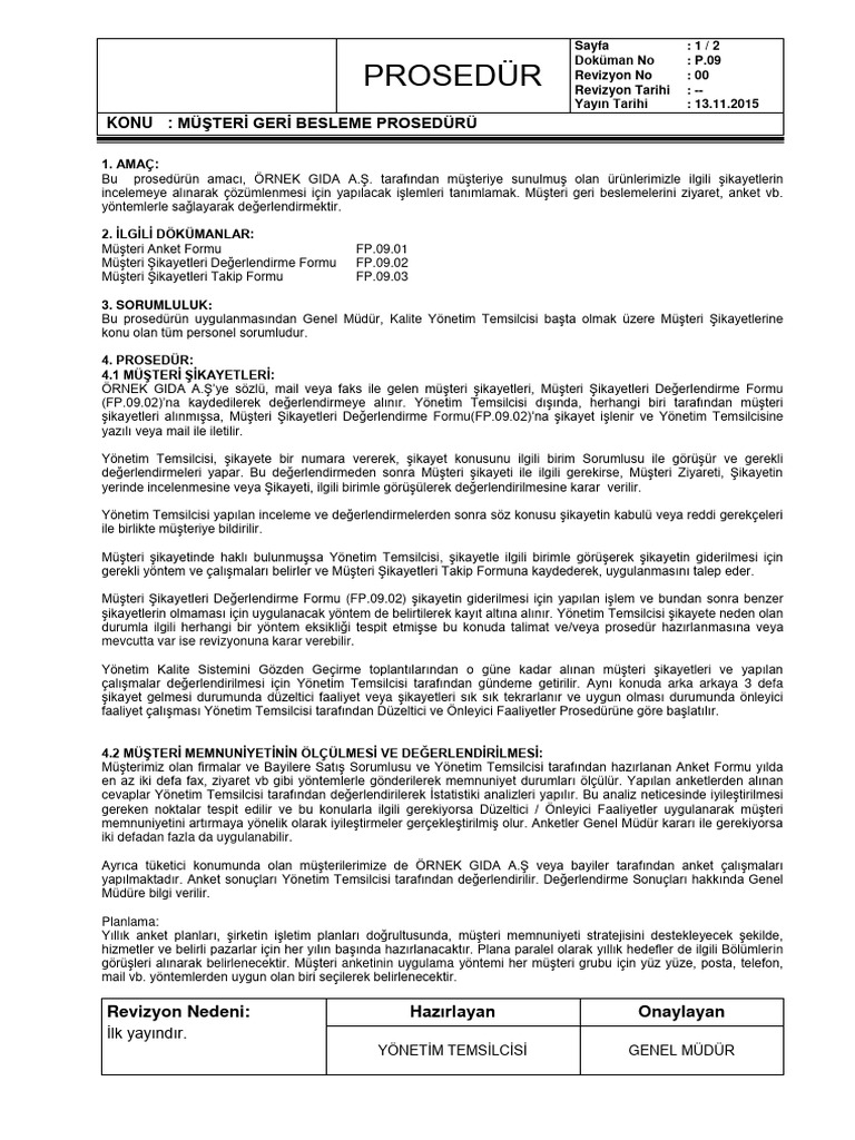 Iso 22000 Musteri Geri Besleme Proseduru | PDF