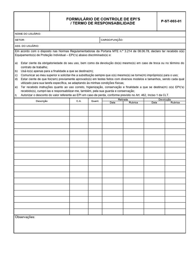 P-SST-001-01 - Formulário de Controle de EPI | PDF