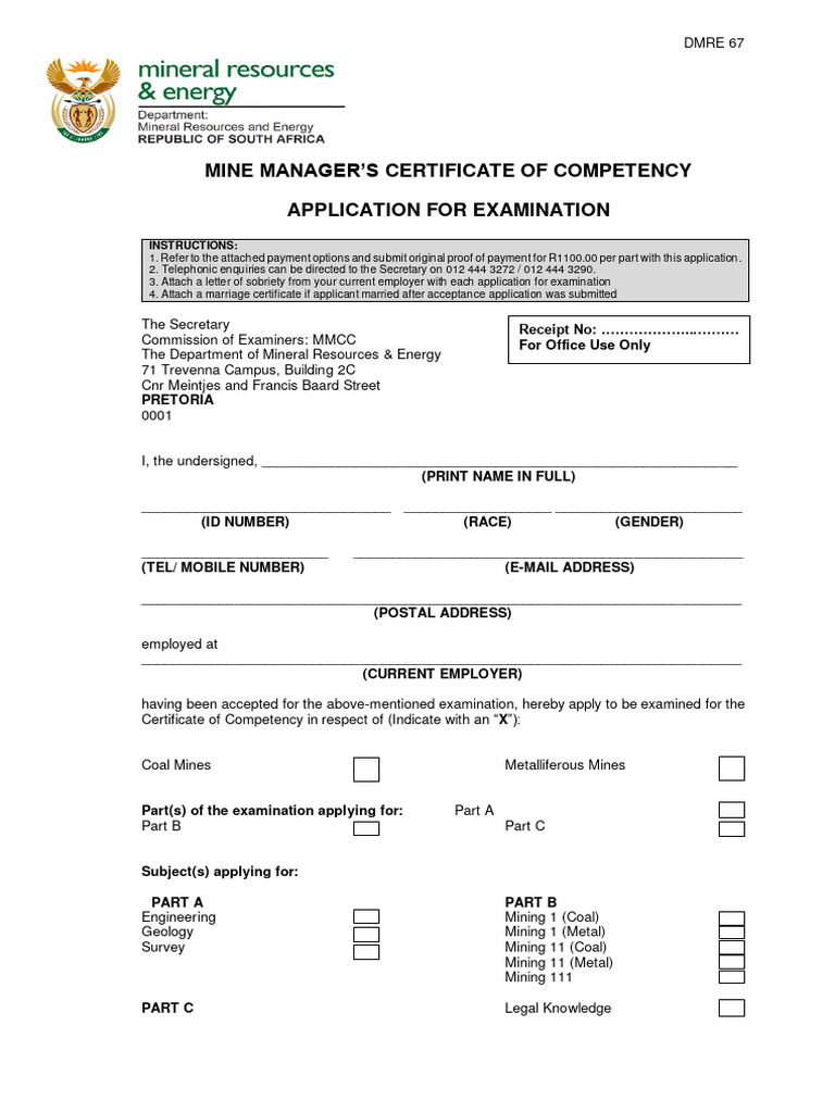 DMRE 67 MMCC Application Form For Examination | PDF | Mining