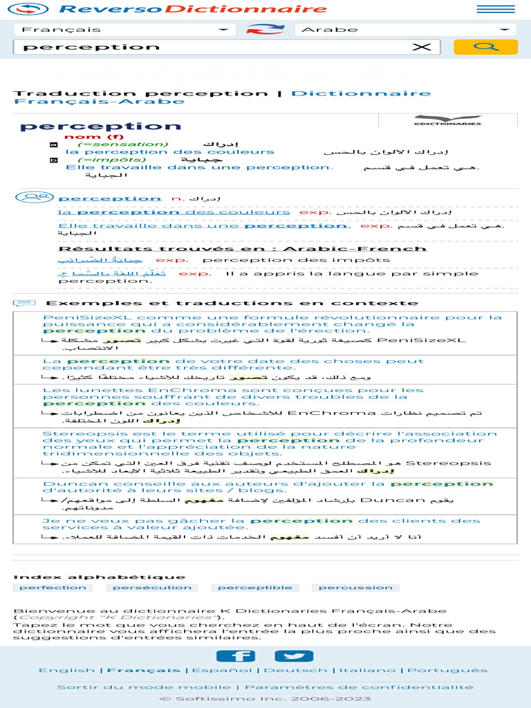 Traduction Perception en Arabe Dictionnaire Français-Arabe Reverso | PDF