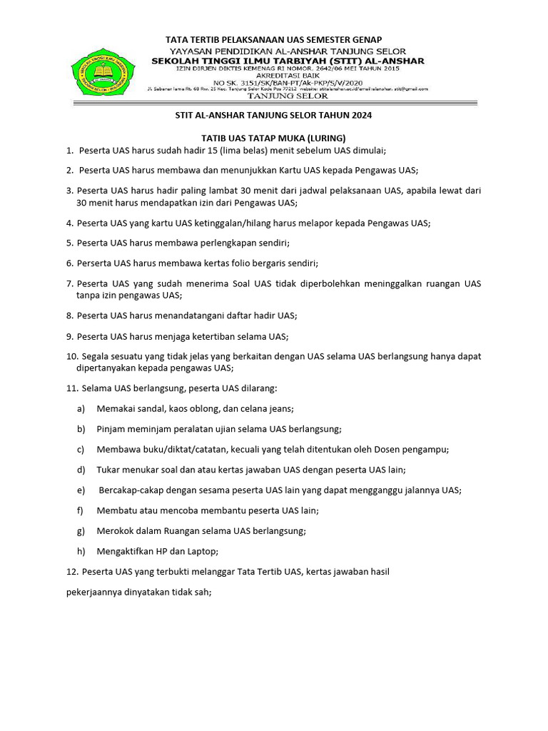 Tata Tertib Pelaksanaan Uas Semester Genapp | PDF