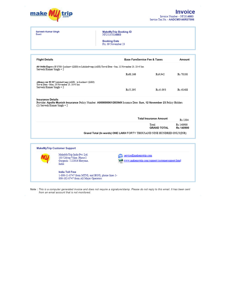 Make My Trip Invoice NF25135812822 | PDF