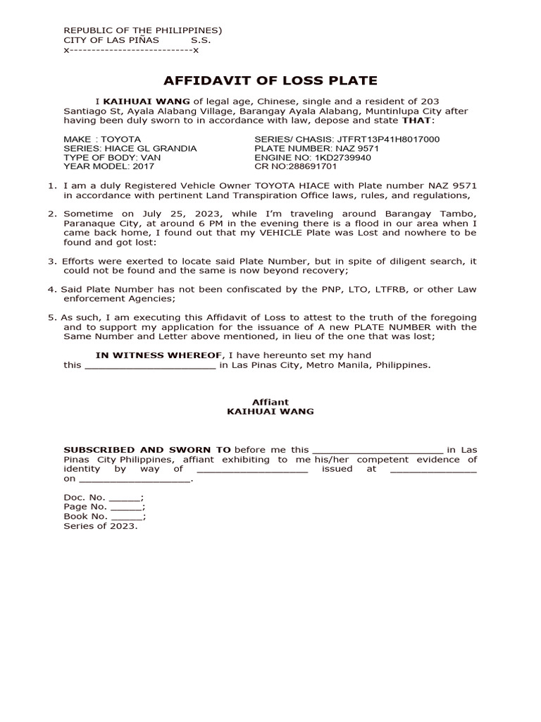 AFFIDAVIT OF LOSS PLATe Number Lto | PDF