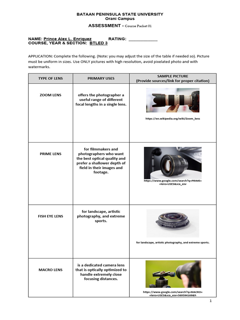 Assessment 01 - Identification | PDF | Camera Lens | Photography Equipment