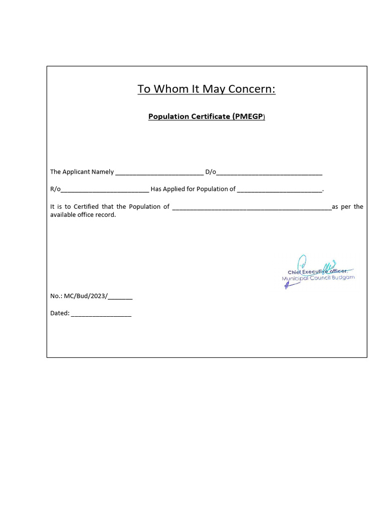 PMEGP Population Certificate Template | PDF | Career & Growth | Business