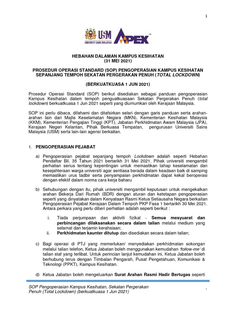 (MUKTAMAD) SOP Pengoperasian Kampus Kesihatan Lockdown - 31 Mei 2021 v2 | PDF