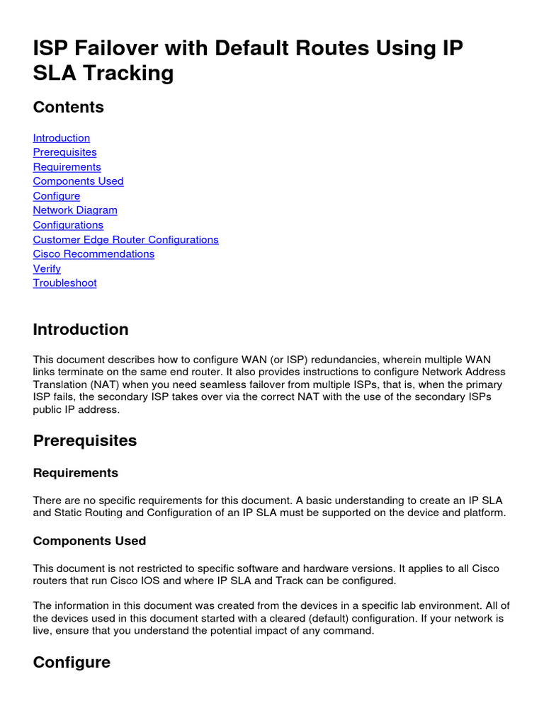 ISP Failover With Default Routes Using IP SLA Tracking | PDF