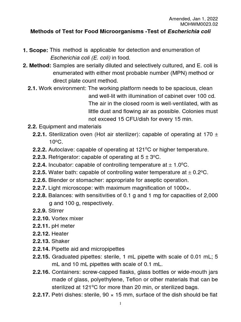 Methods Of Test For Food Microorganisms Test Of Escherichia Coli Pdf Colony Forming Unit