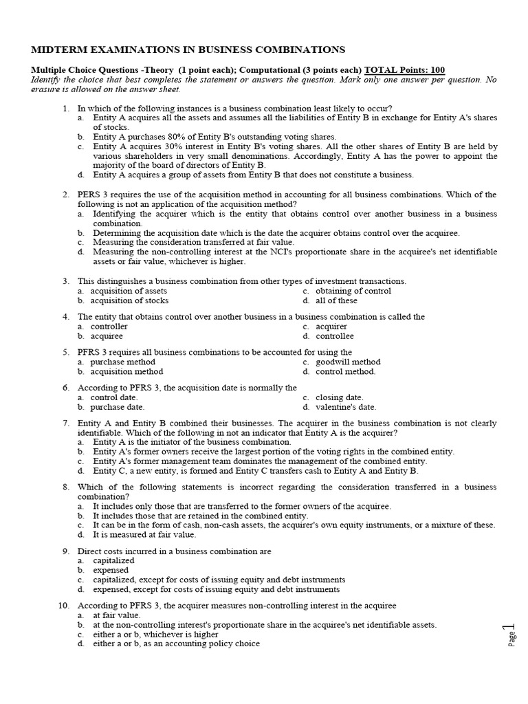 BUS 340 Business Combinations Exam | PDF | Goodwill (Accounting) | Fair ...
