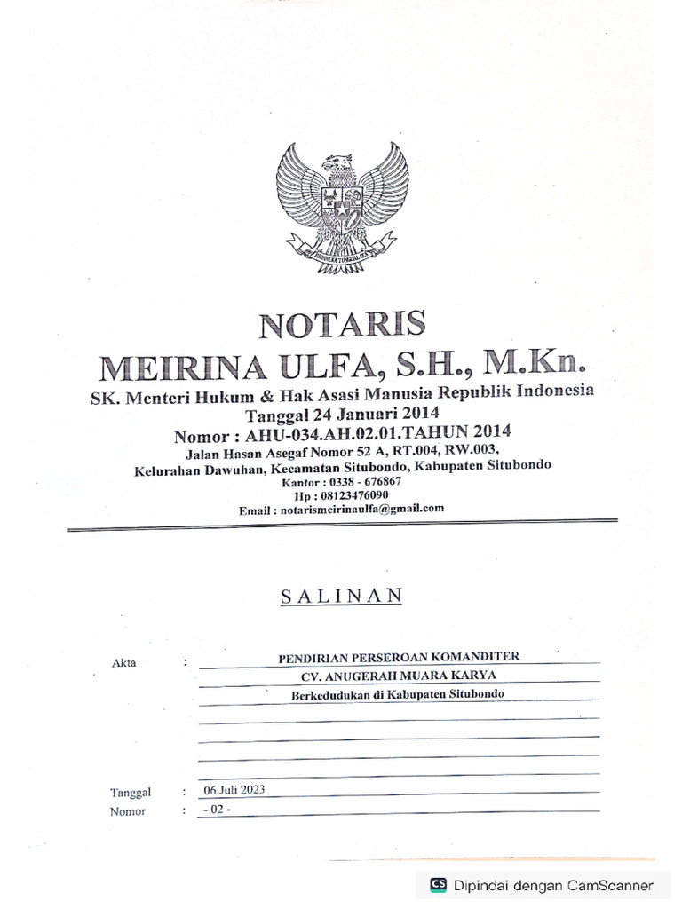 Akta Pendirian CV - Amk | PDF