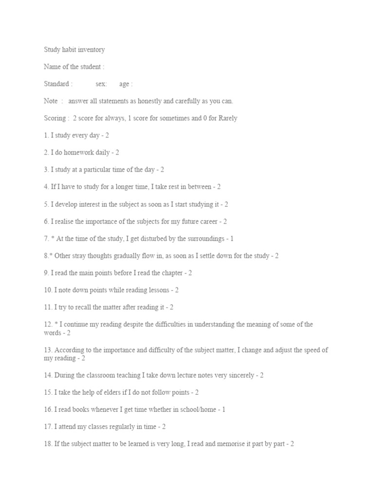 Study Habit Inventory | PDF | Learning | Education Theory