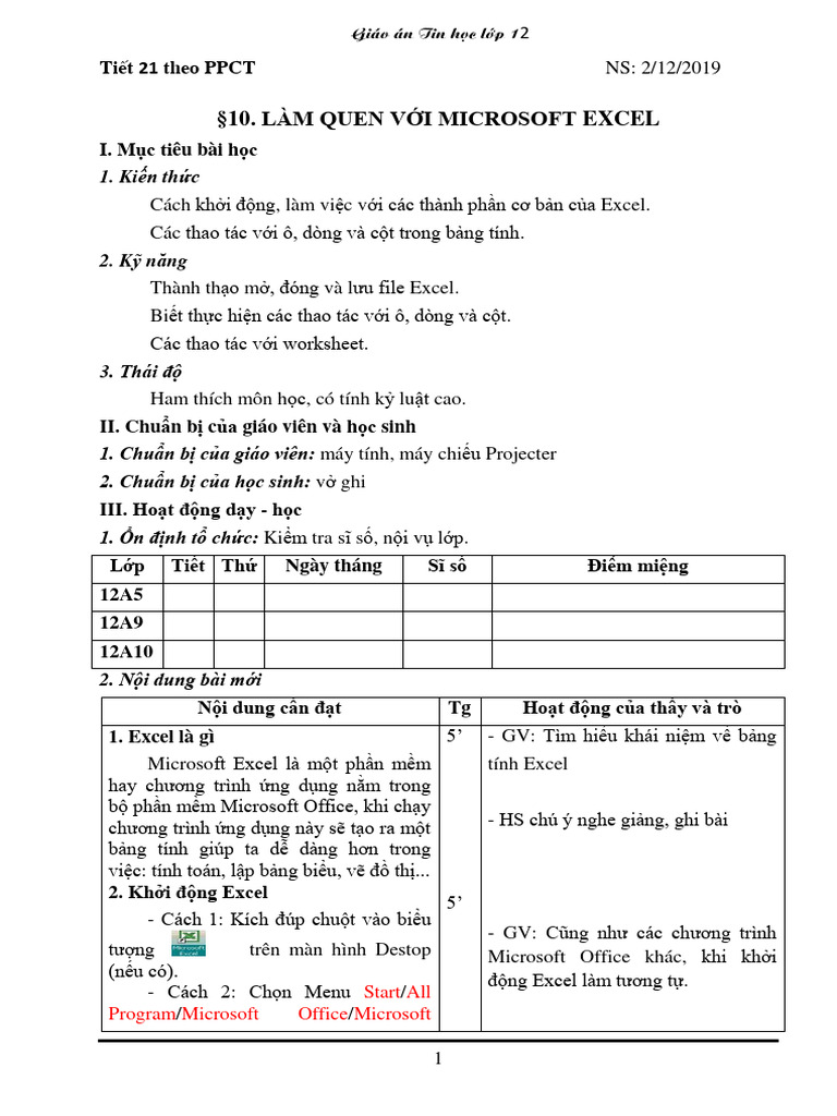 Giao An MS Excel Tiet 1 Lam Quen Voi MS Excel | PDF
