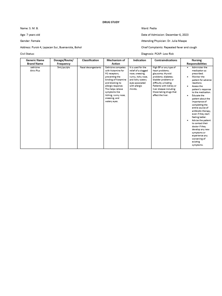 Pedia Drug Study 2 | PDF | Allergy | Clinical Medicine