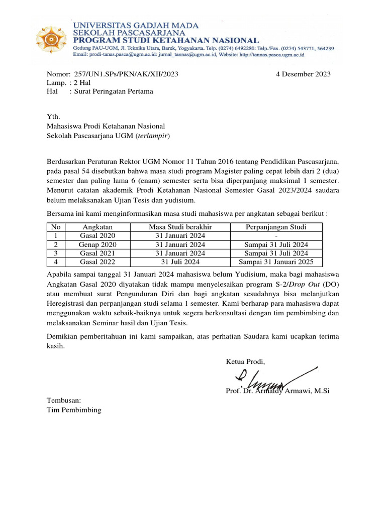 Surat Peringatan Masa Studi Mahasiswa Tahun 2023 '' | PDF