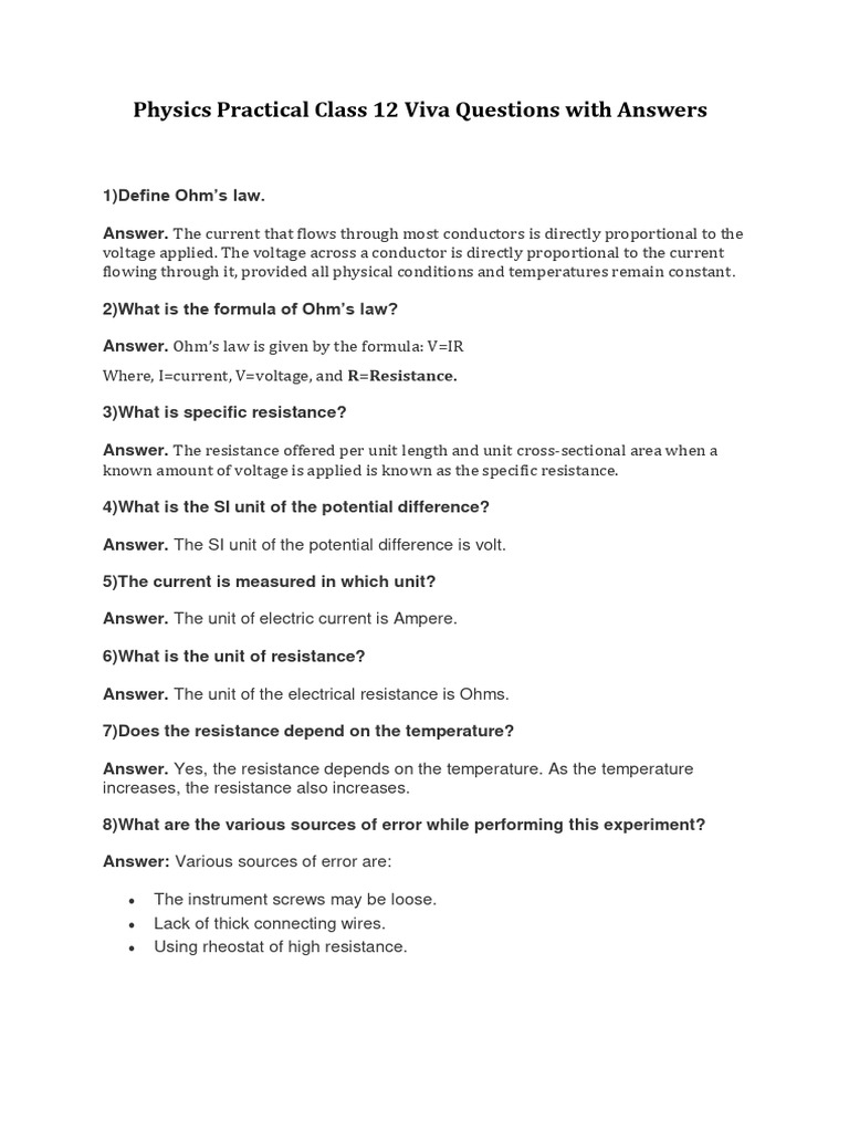 Physics Practical Class 12 Viva Questions With Answers - 2 | PDF | Electrical Resistance And ...