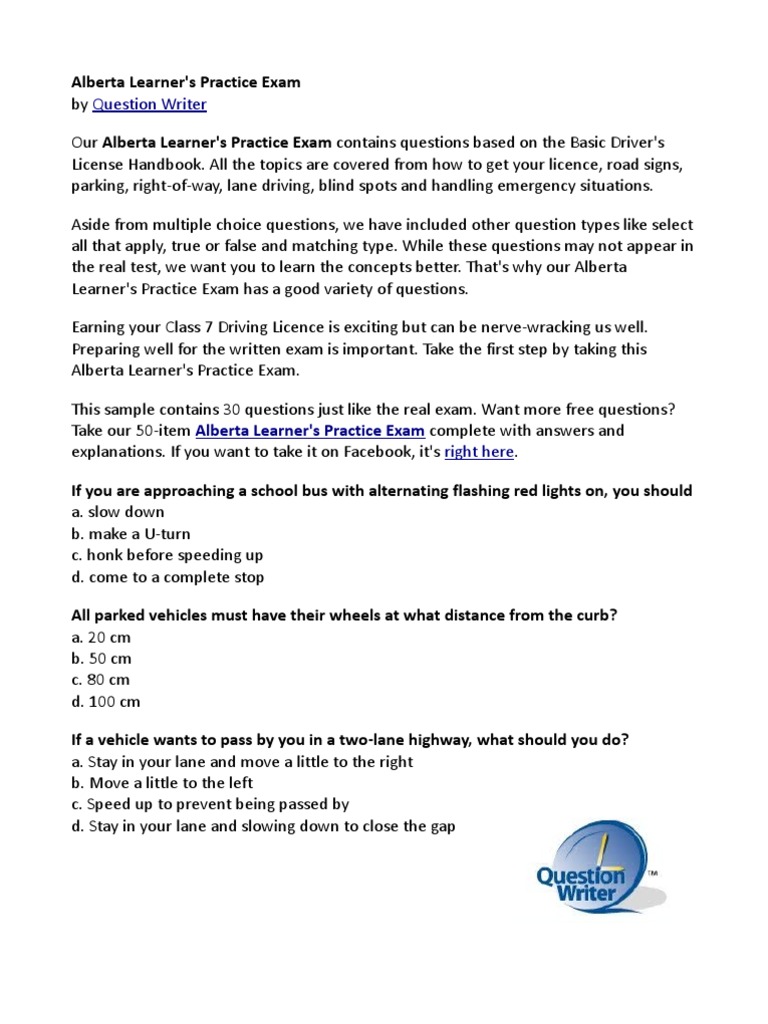 Alberta Learners Practice Exam | PDF | Traffic | Pedestrian Crossing