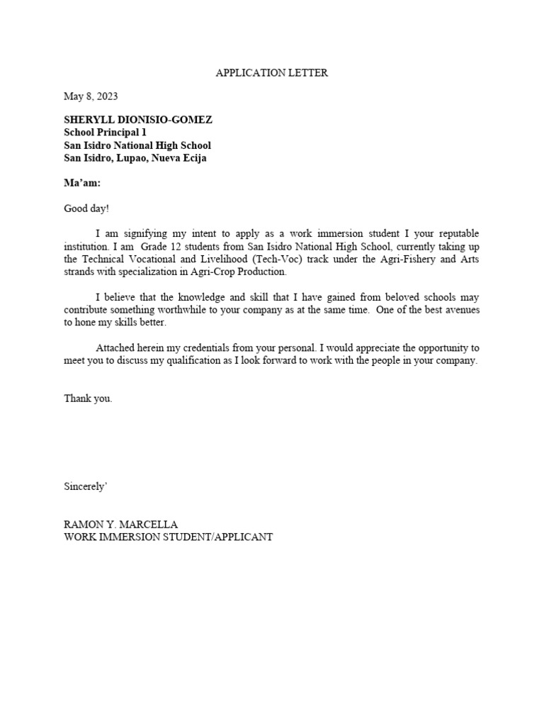 Application for Work Immersion Program | PDF | Career & Growth | Social ...
