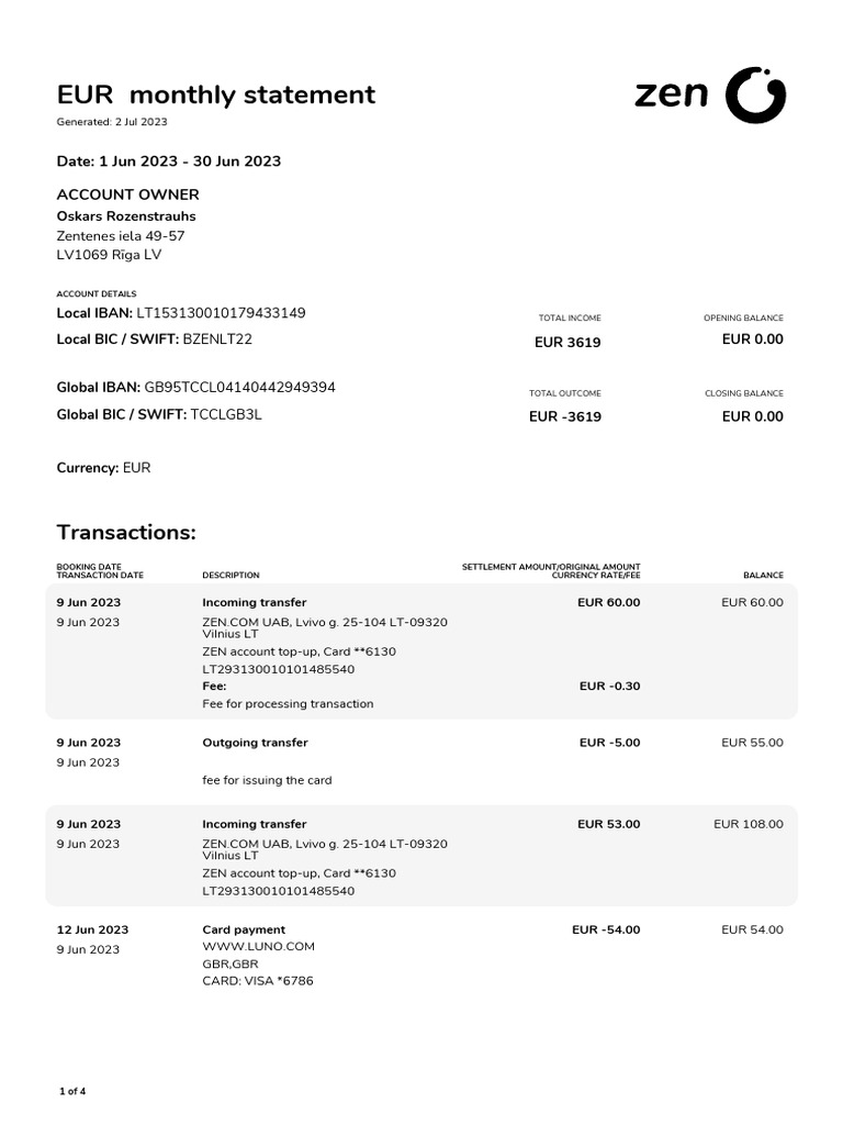 EUR Account Statement | PDF | Euro | Visa Inc.