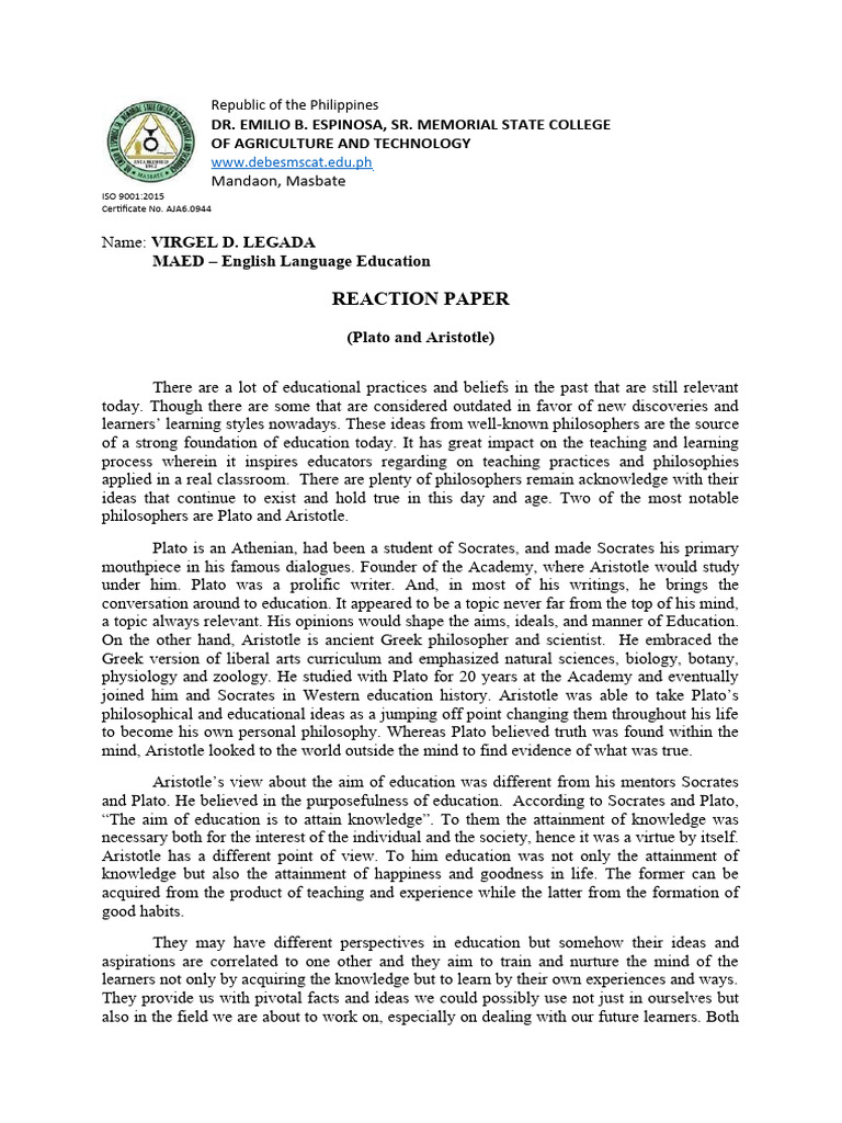 Plato and Aristotle - Reaction Paper | PDF | Plato | Socrates