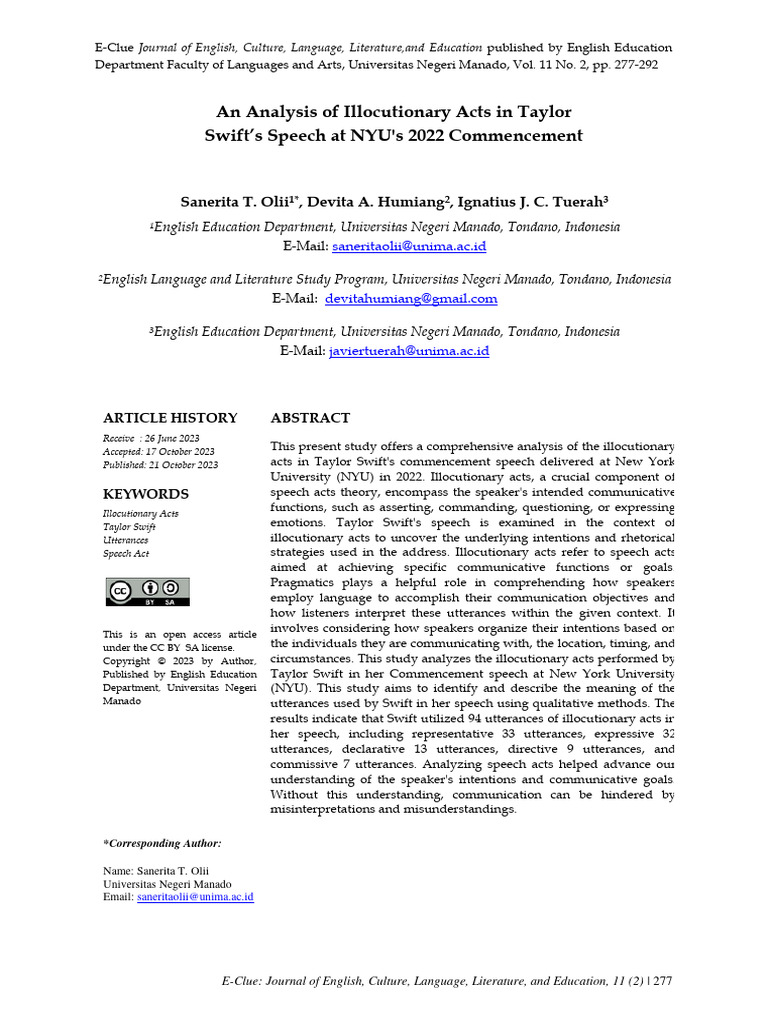 An Analysis of Illocutionary Acts in Taylor Swift | PDF | Communication ...