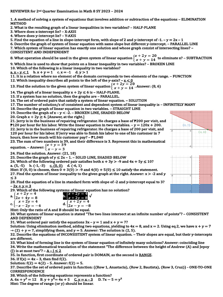 REVIEWER For 2nd Quarter Examination in Math 8 SY 2023 PDF | PDF | Equations | Function ...
