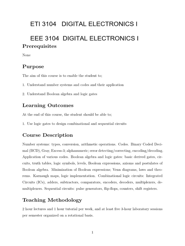 Digital Electronics I - Course Outline | PDF