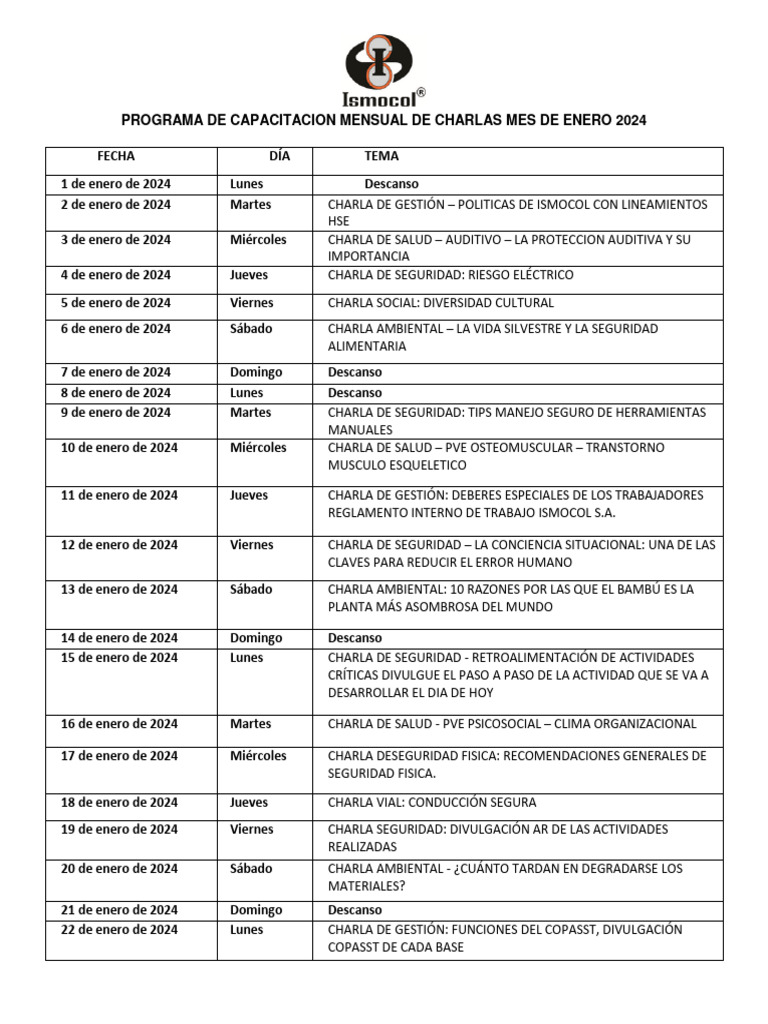 Programa Charlas Diarias Enero 2024 | PDF