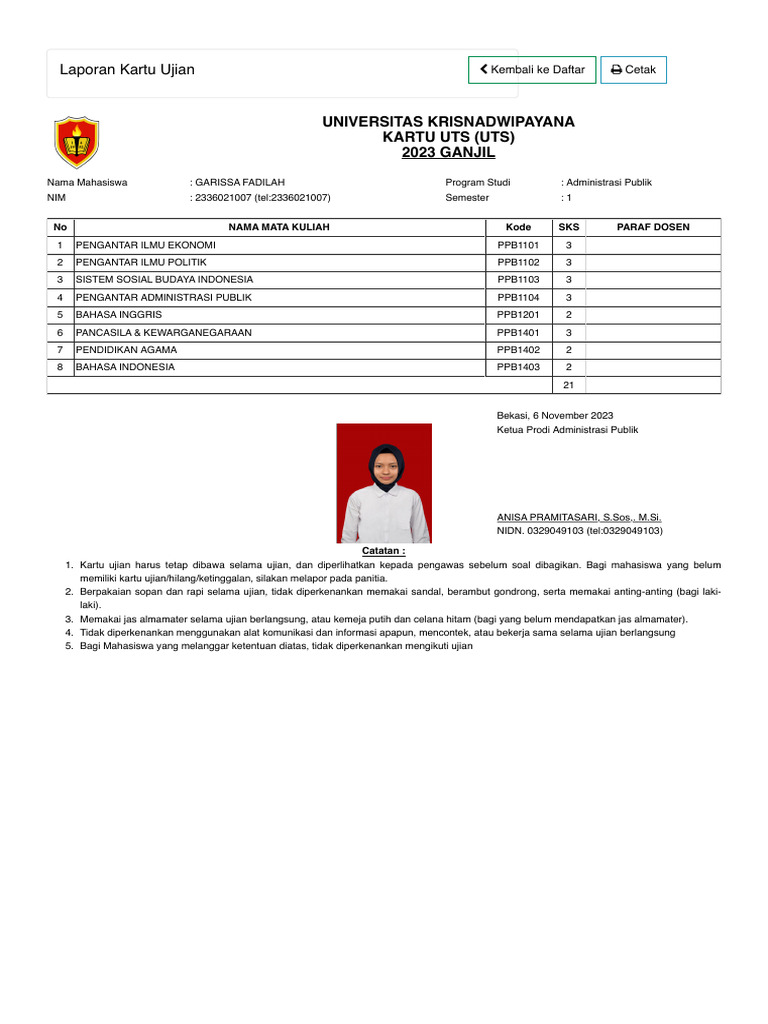 Laporan Kartu Ujian | PDF