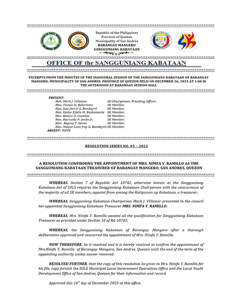 Resolution For SK Treasurer | PDF | Philippines | Local Government