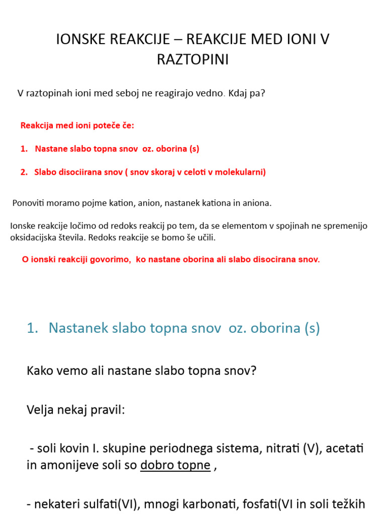 Ionske Reakcije - Reakcije Med Ioni V Raztopini | PDF