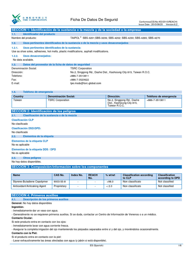 MSDS-of-SBS REACH TSRC Client ES v6.2 | PDF | Seguridad y salud ...