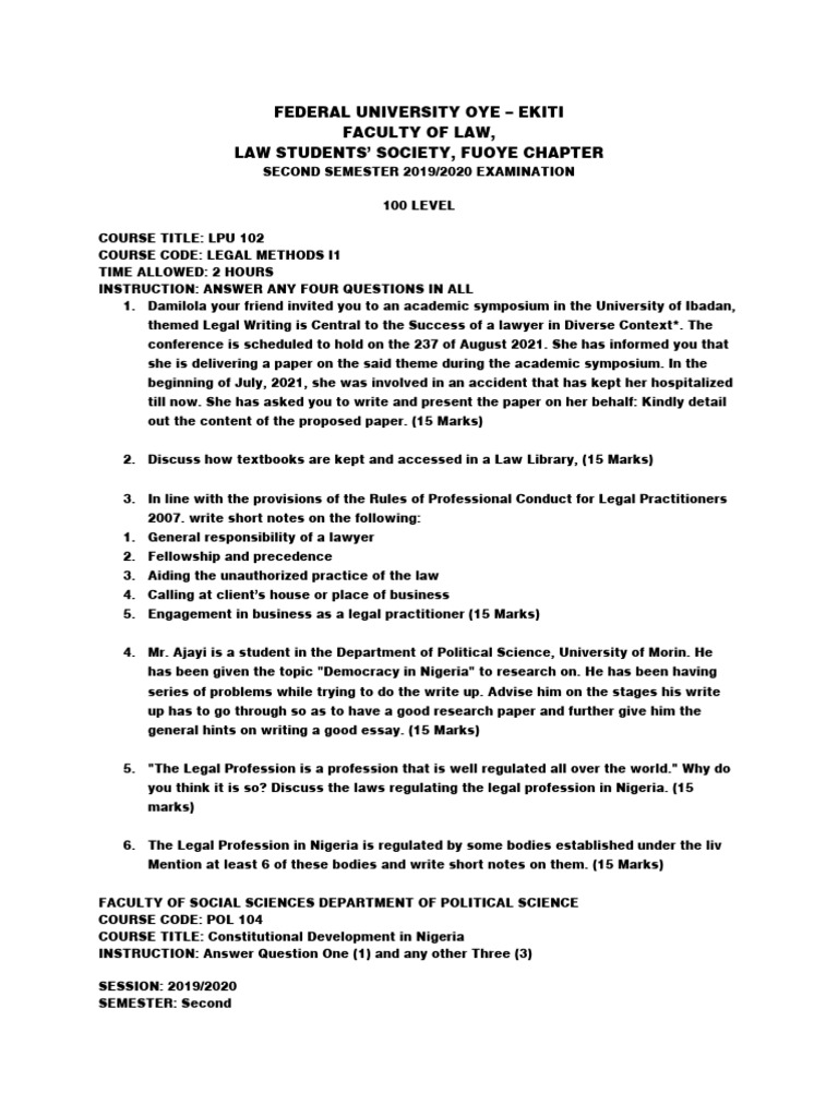 Law Exam Questions for 100 Level Students | PDF | Lawyer | Justice