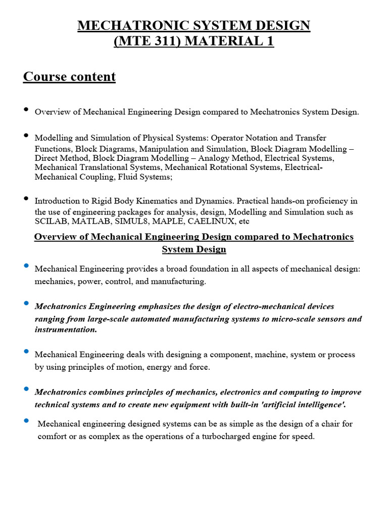 Mechatronic System Design Overview | PDF | Mechatronics | Mathematical Model