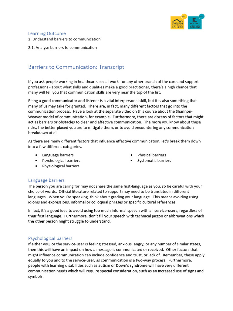 Barriers To Communication Script | PDF