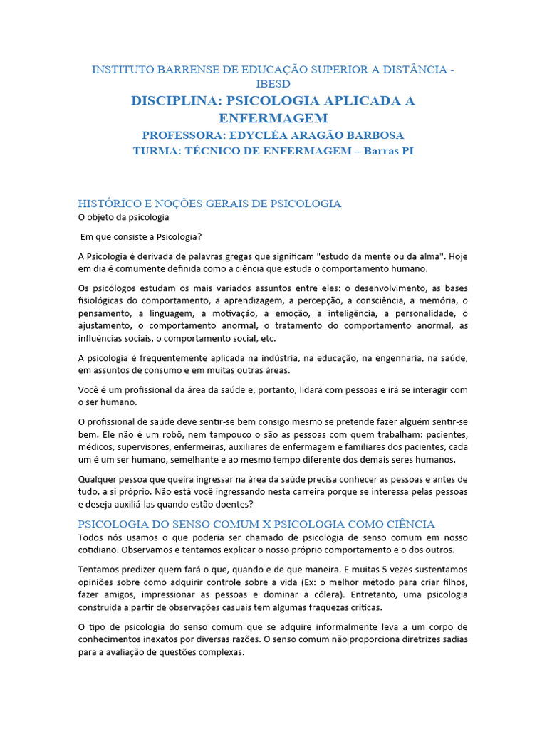 Apostila Psicologia Aplicada A Enfermagem | PDF | Distúrbio mental ...