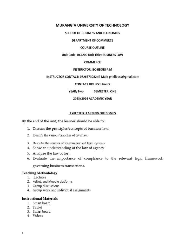 Bcl200 Busuness Law Course Outline Mut | PDF | Law Of Agency ...