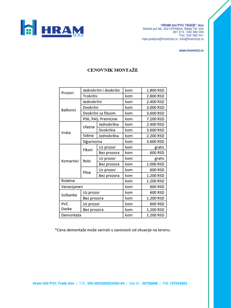 Cenovnik-Montaze-23 01 2023 | PDF