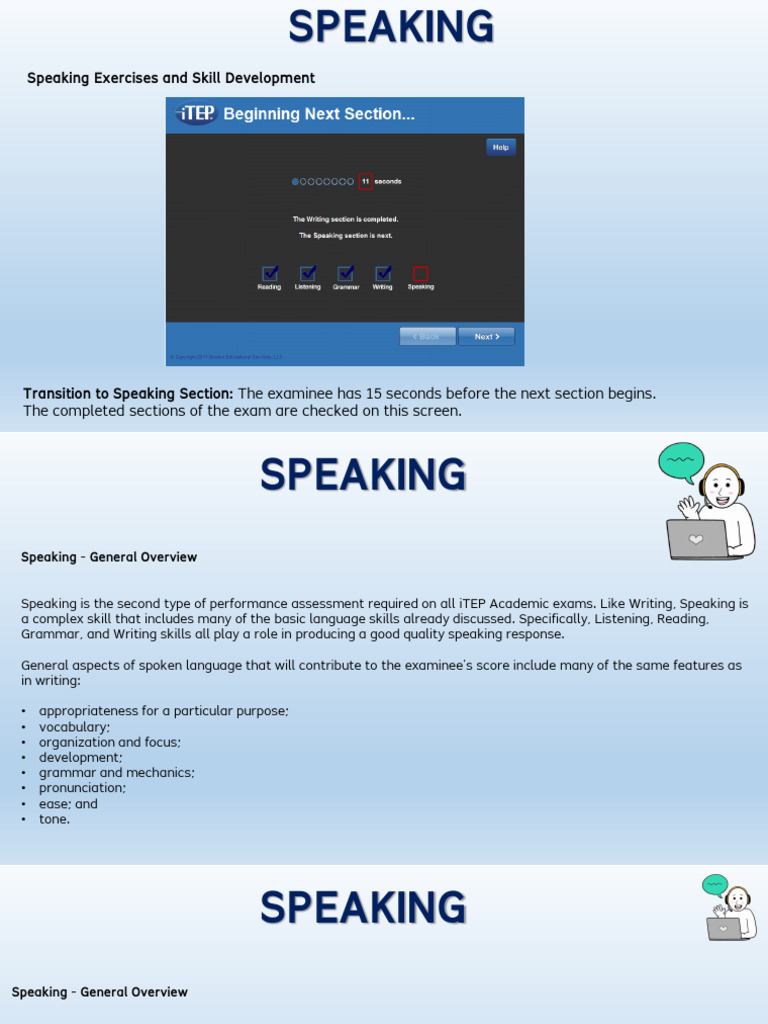 iTEP Speaking Exam Overview and Tips | PDF | Speech | English Language