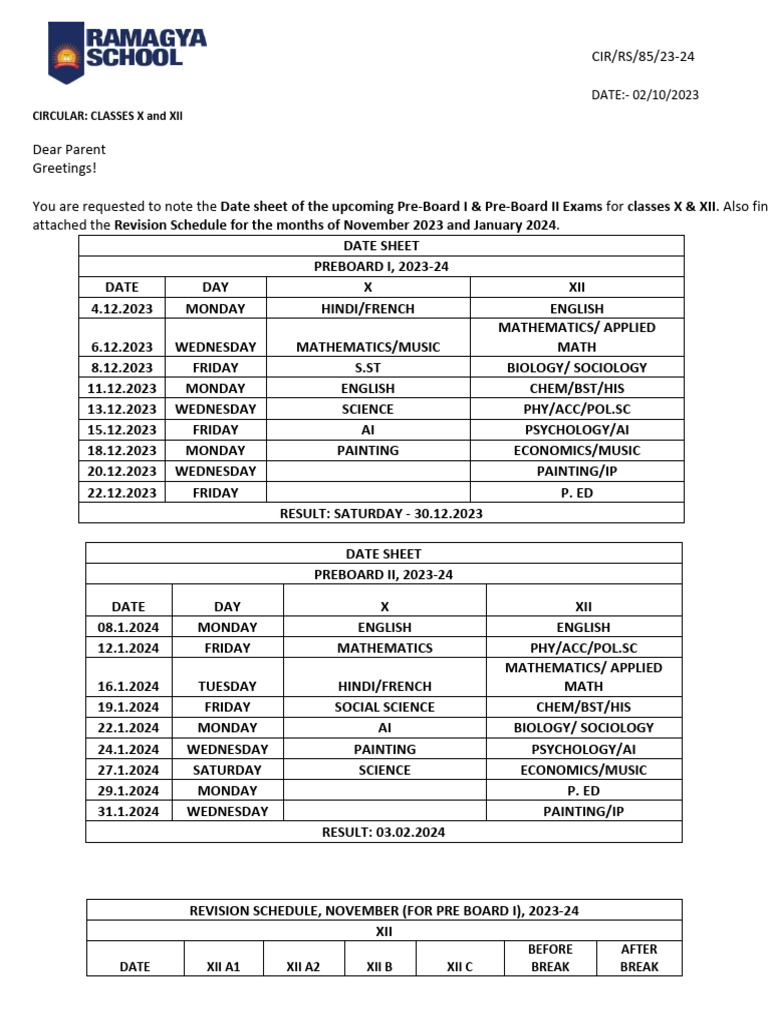 CIR 85 Pre Boards Datesheet and Revision Schedule Classes X and XII ...