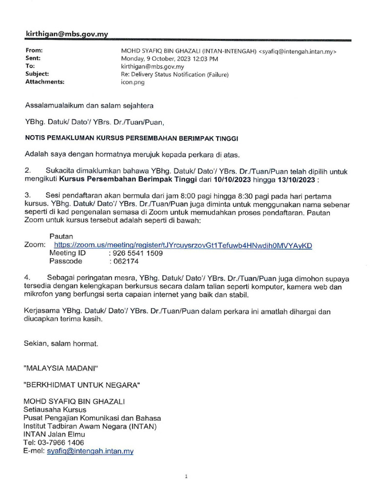 Notis Pemakluman Kursus Persembahan Berimpak Tinggi | PDF