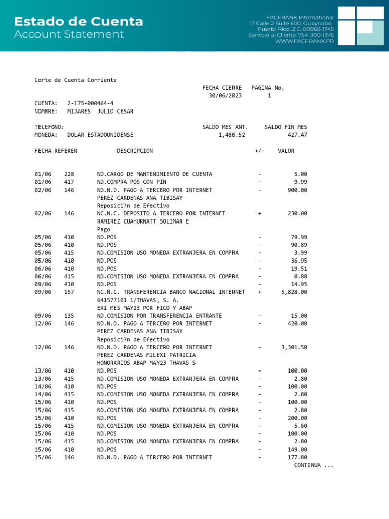 Corte de Cuenta Corriente 30/06/2023 | PDF | Bancos | Economias