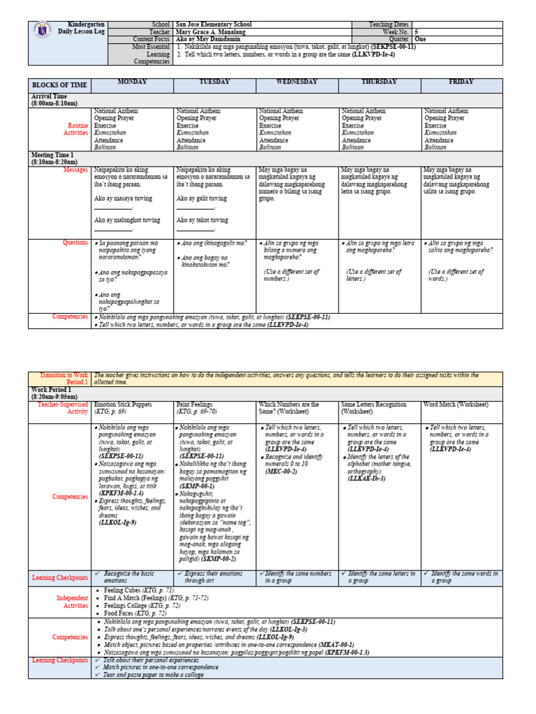 Kindergarten-DLL-MELC-Q1-Week 5 Asf | PDF