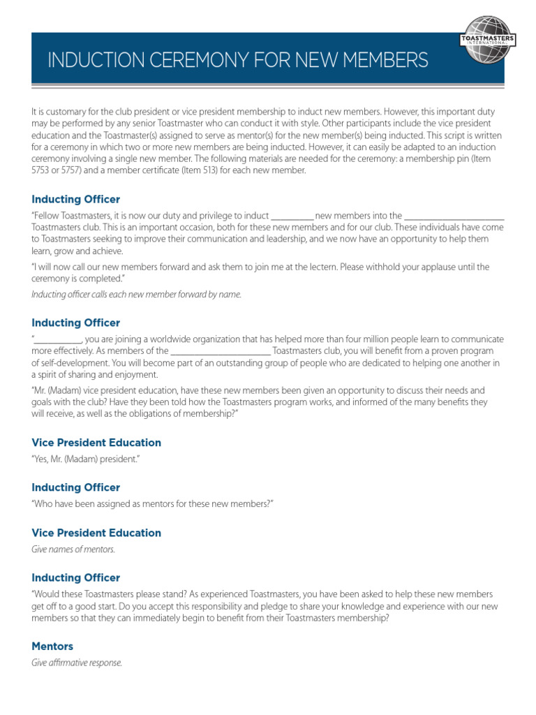 Induction Ceremony For New Members | PDF | Human Communication