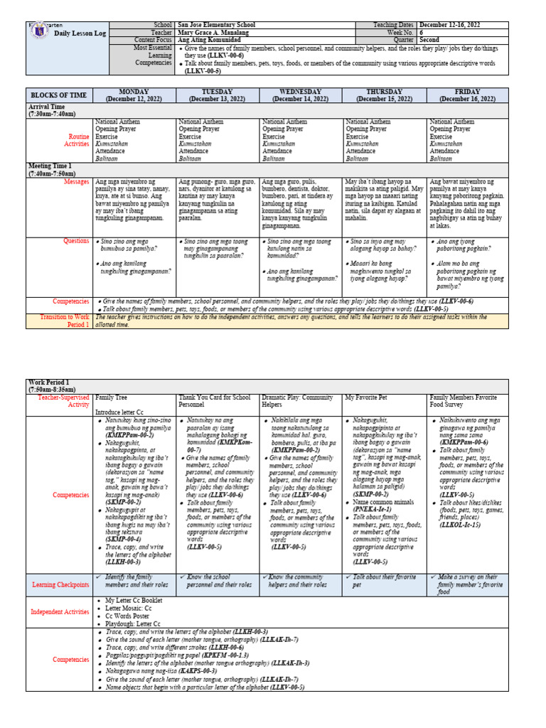 Kindergarten-DLL-MELC-Q2-Week 6 Asf | PDF