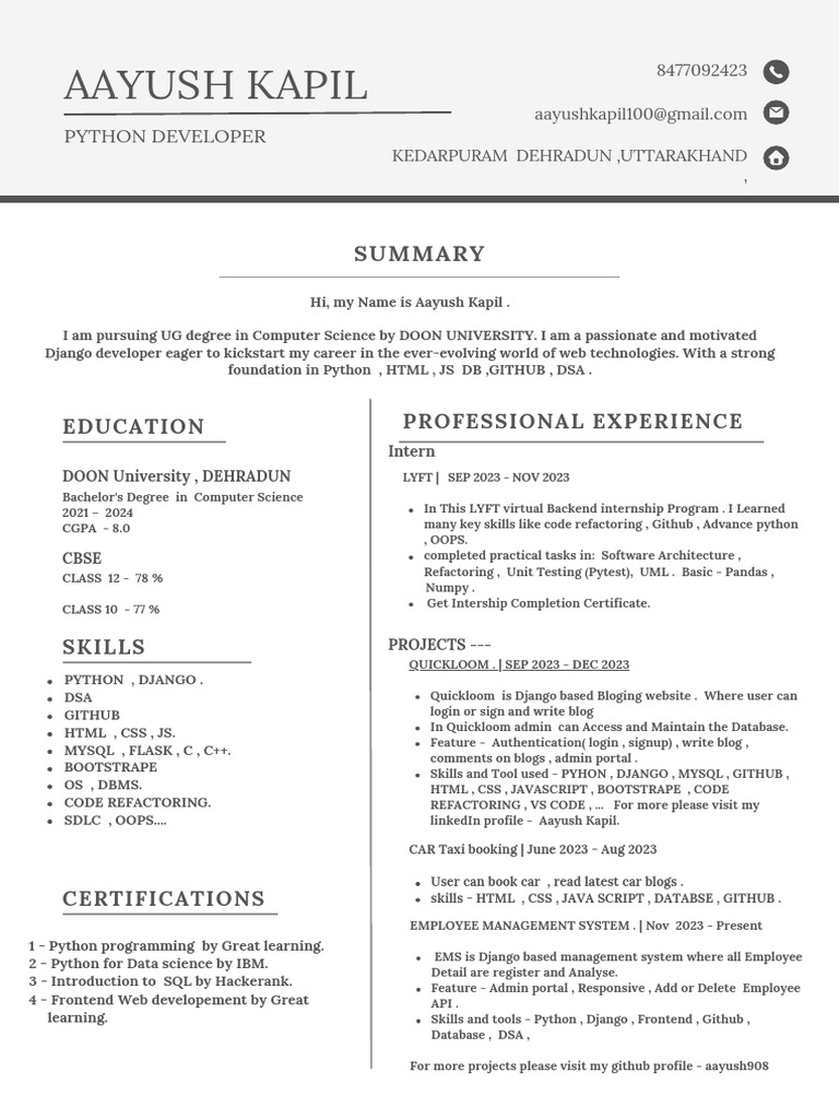 Gray and White Simple Clean Resume | PDF | Databases | Python (Programming Language)