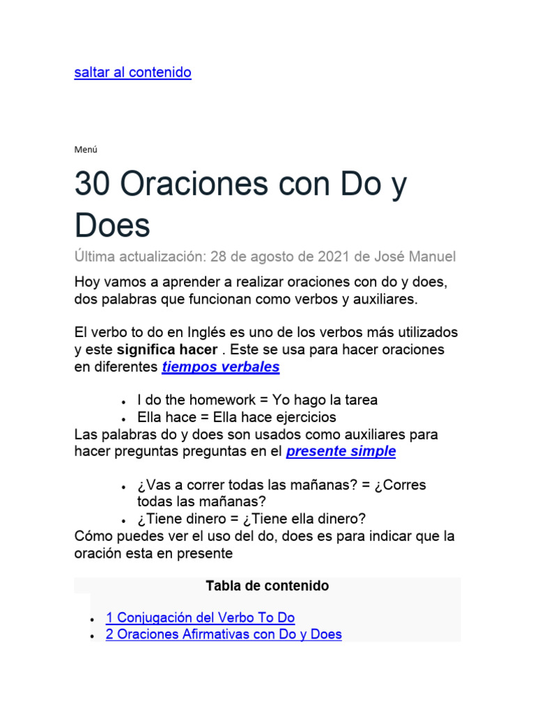 30 Ejemplos de Oraciones con Do y Does | PDF | Verbo | Conjugación ...